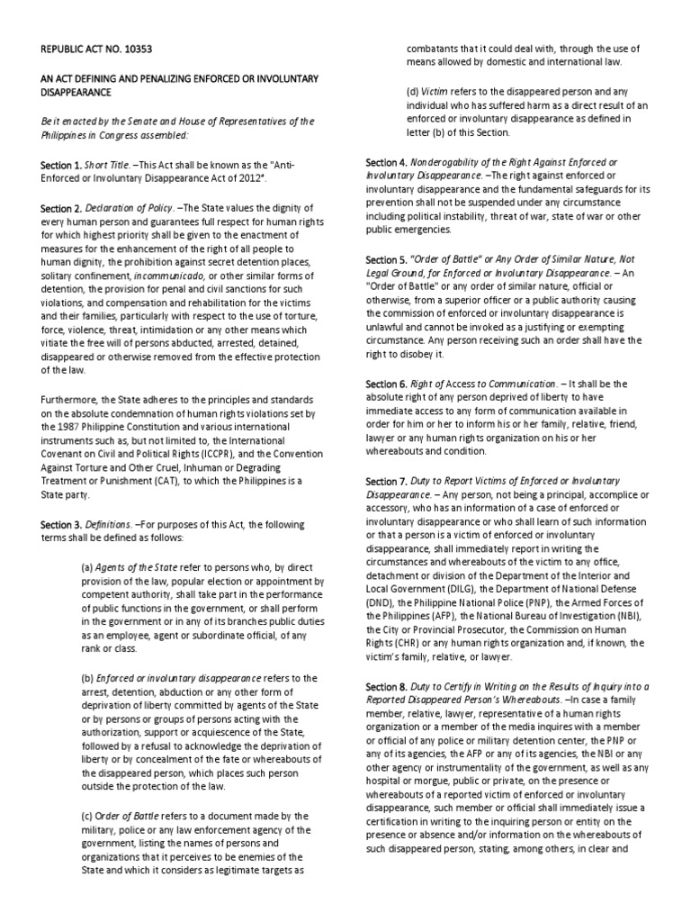 Republic Act No. 10353 An Act Defining and Penalizing Enforced or ...