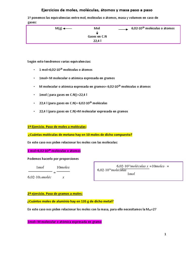 Ejercicios de Moles, Moléculas, Átomos y Masa Paso A Paso | Descargar ...