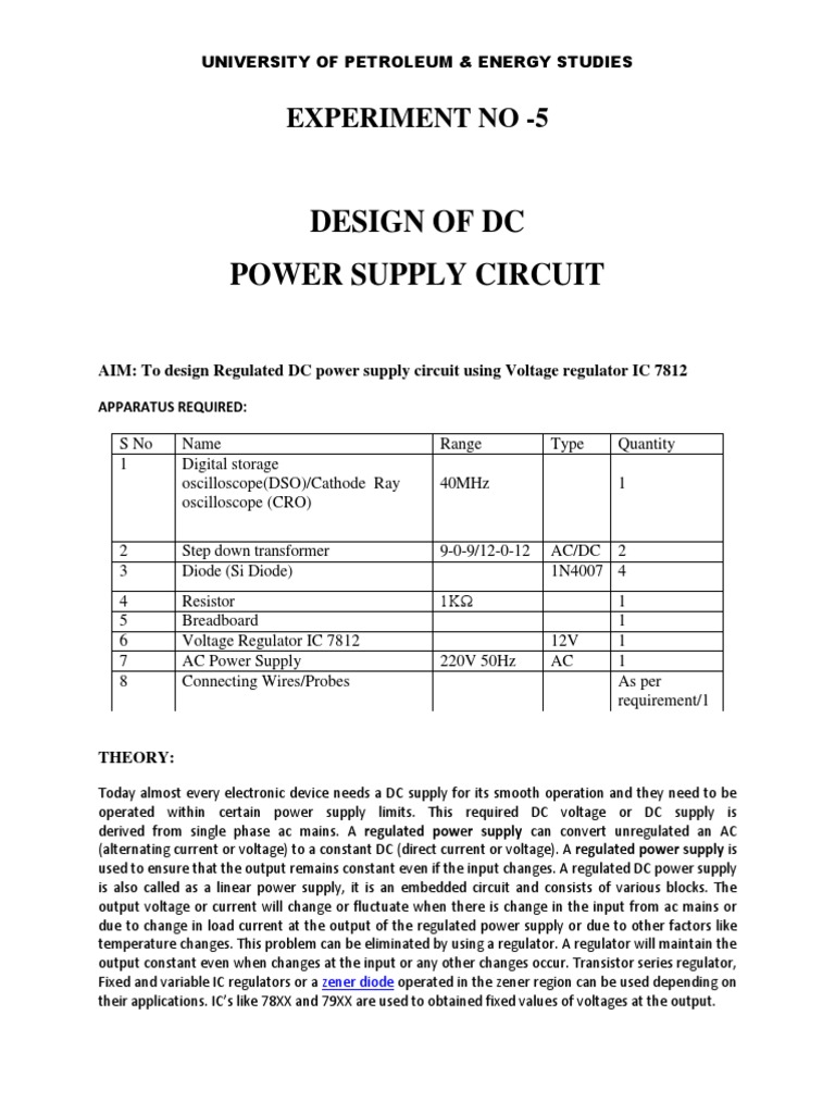 Design of DC Power Supply Circuit: Experiment No - 5 | PDF | Power ...