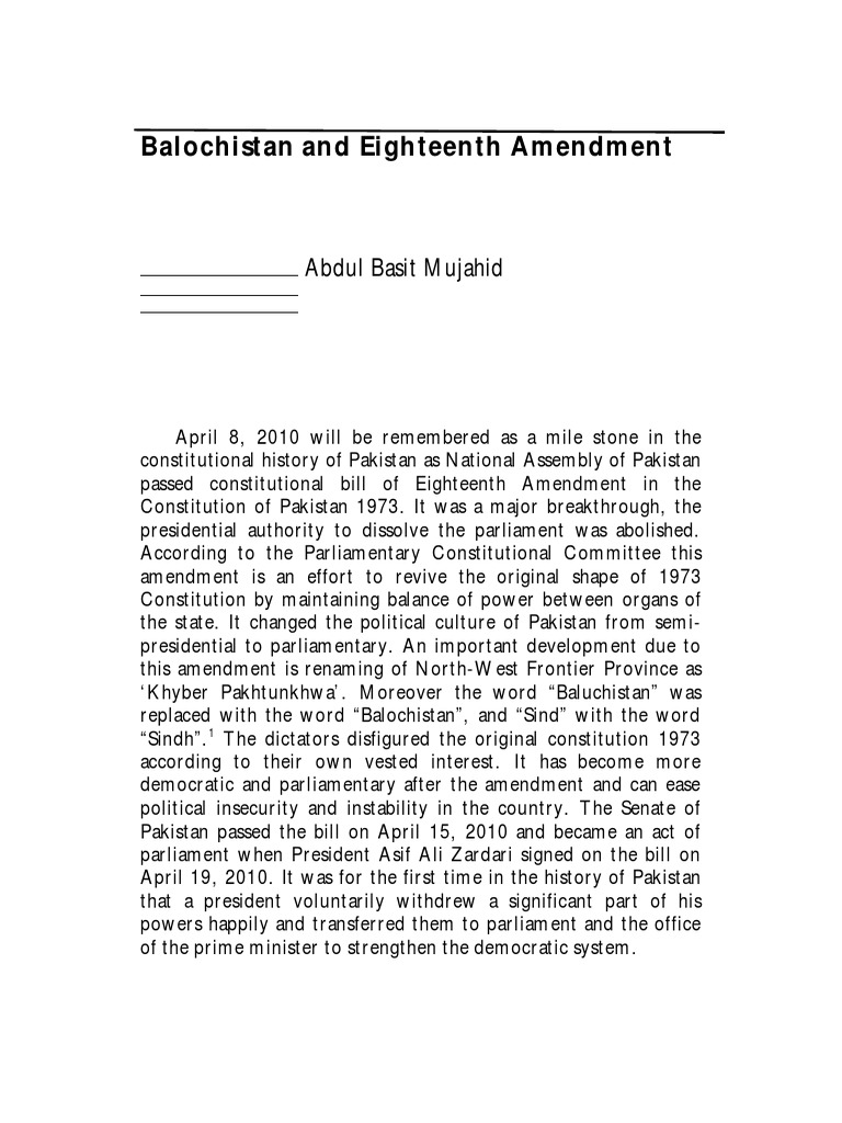 Balochistan and Eighteenth Amendment: Abdul Basit Mujahid | PDF | Pakistan | Government Of Pakistan