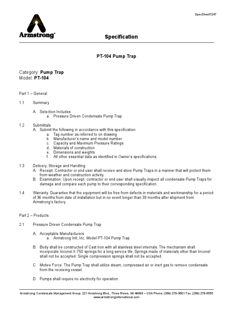 Specification: Category: Pump Trap Model: PT-104 | PDF | Pump | Valve