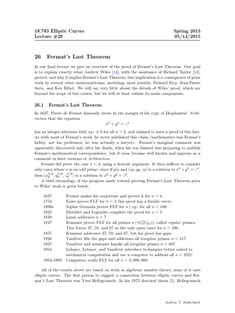26 Fermat's Last Theorem: 18.783 Elliptic Curves Spring 2015 Lecture ...