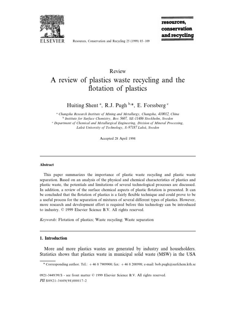 A Review of Plastics Waste Recycling and The Flotation of Plastics ...