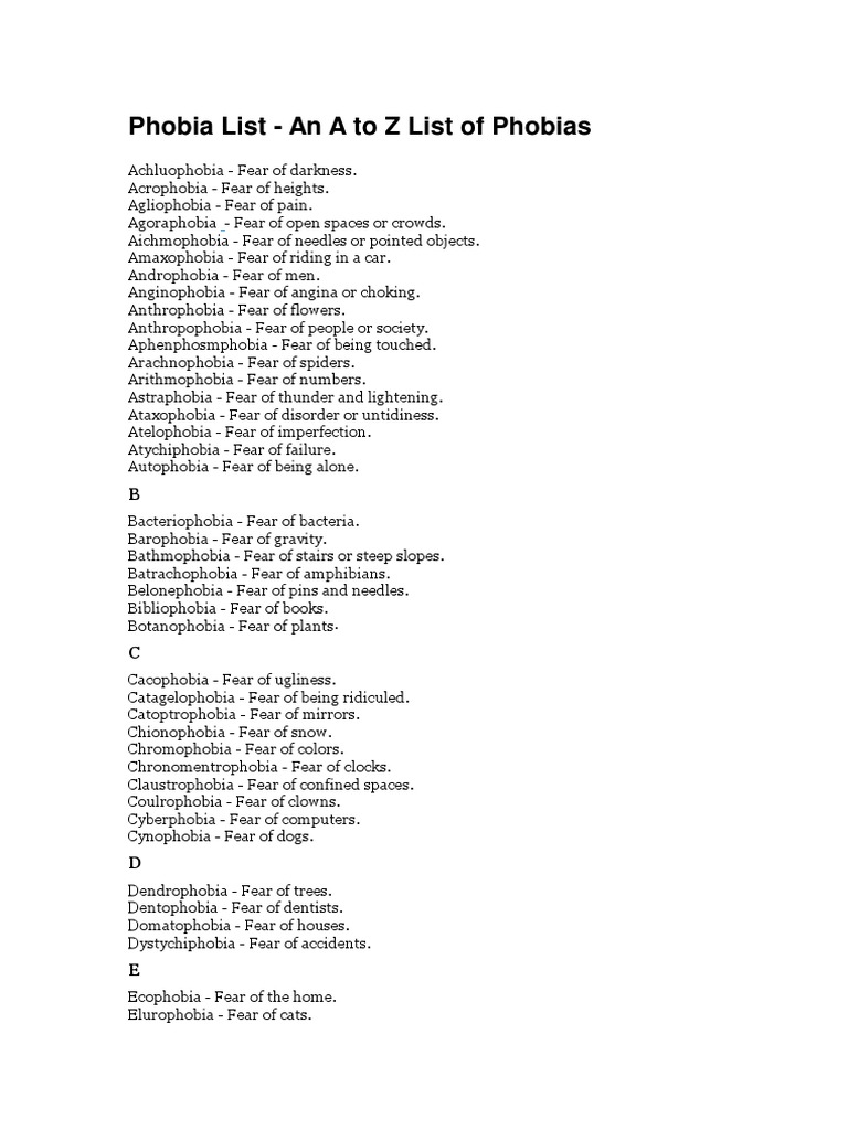 Phobia List - An A To Z List of Phobias | PDF | Fear | Mental And ...