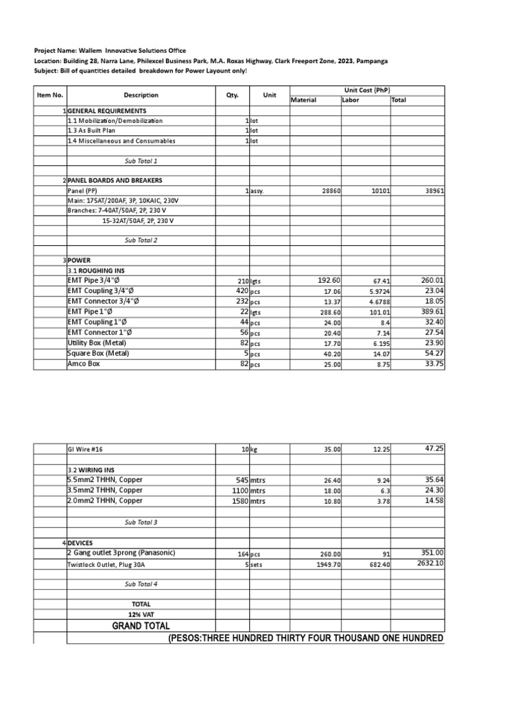Detailed Bill of Quantities for the Power Layout of the Wallem ...