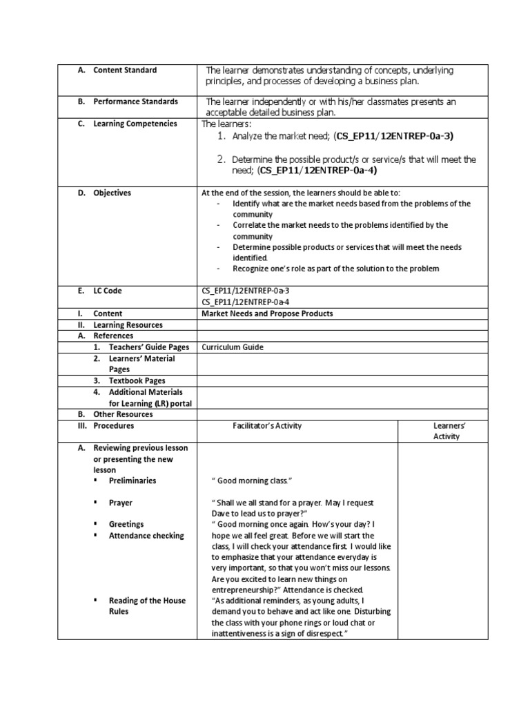 Detailed Lesson Plan On Entrepreneurship | PDF | Causality | Lesson Plan