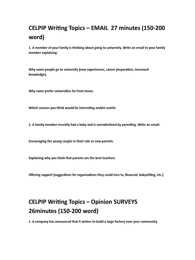 CELPIP Writing Topics - EMAIL 27 Minutes (150-200 Word) | PDF