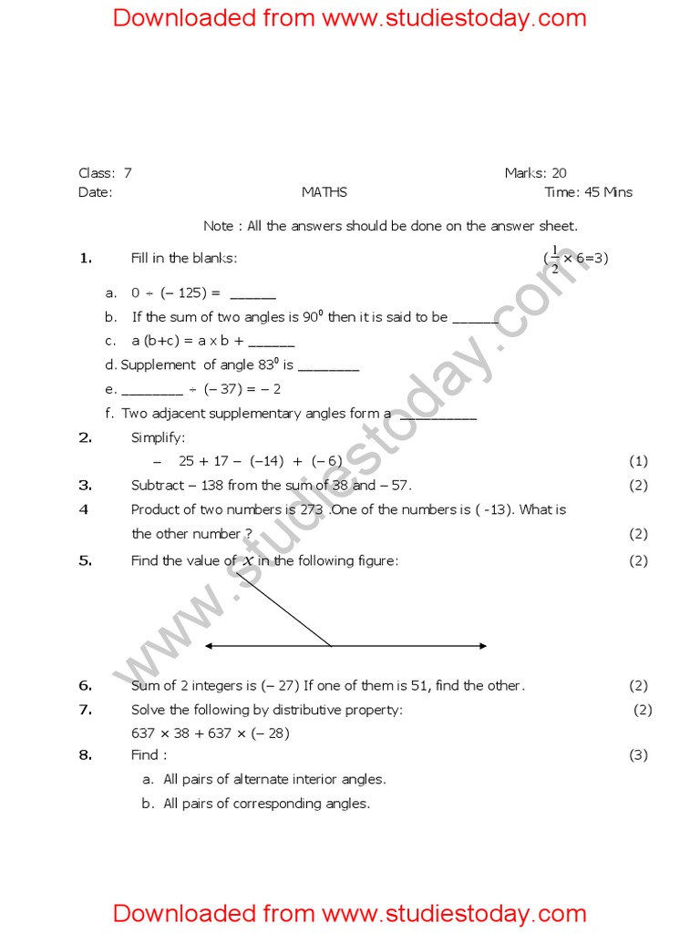 CBSE Class 7 Mathematics Question Paper Set A | PDF | Algebra ...