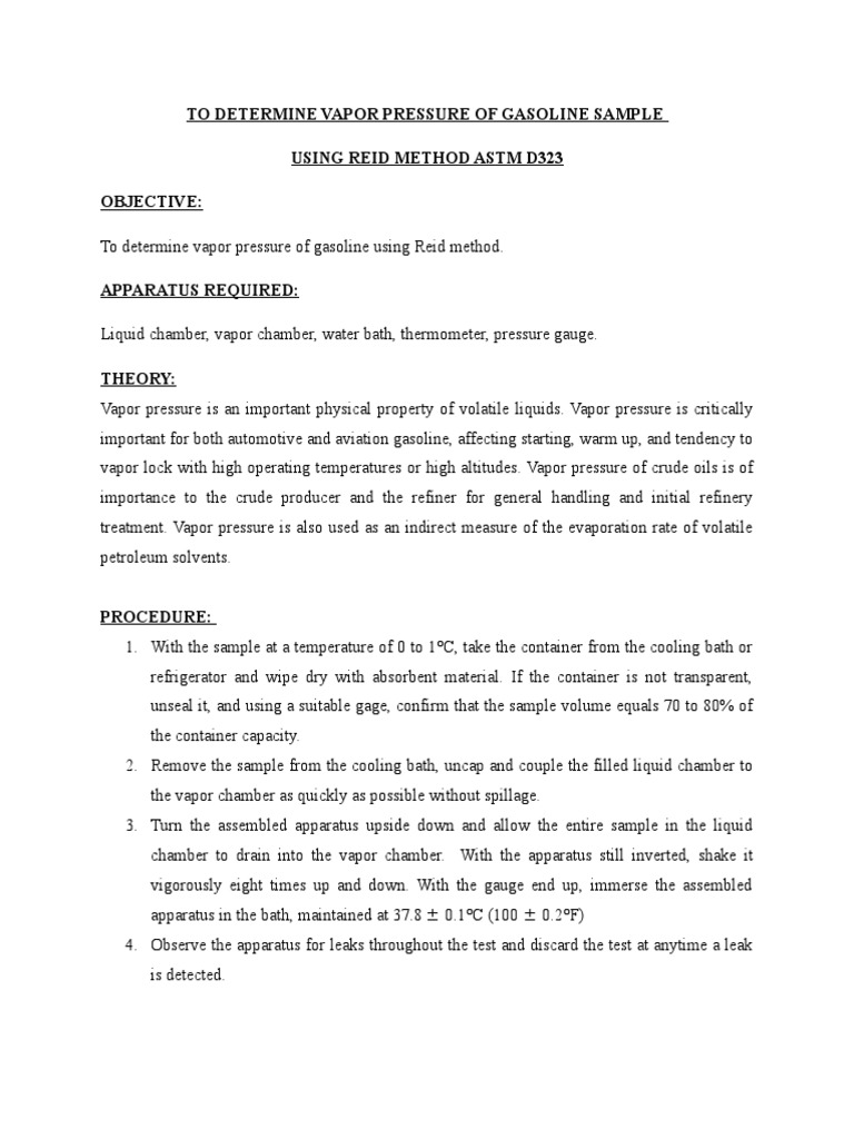 To Determine Vapor Pressure of Gasoline Sample Using Reid Method Astm ...
