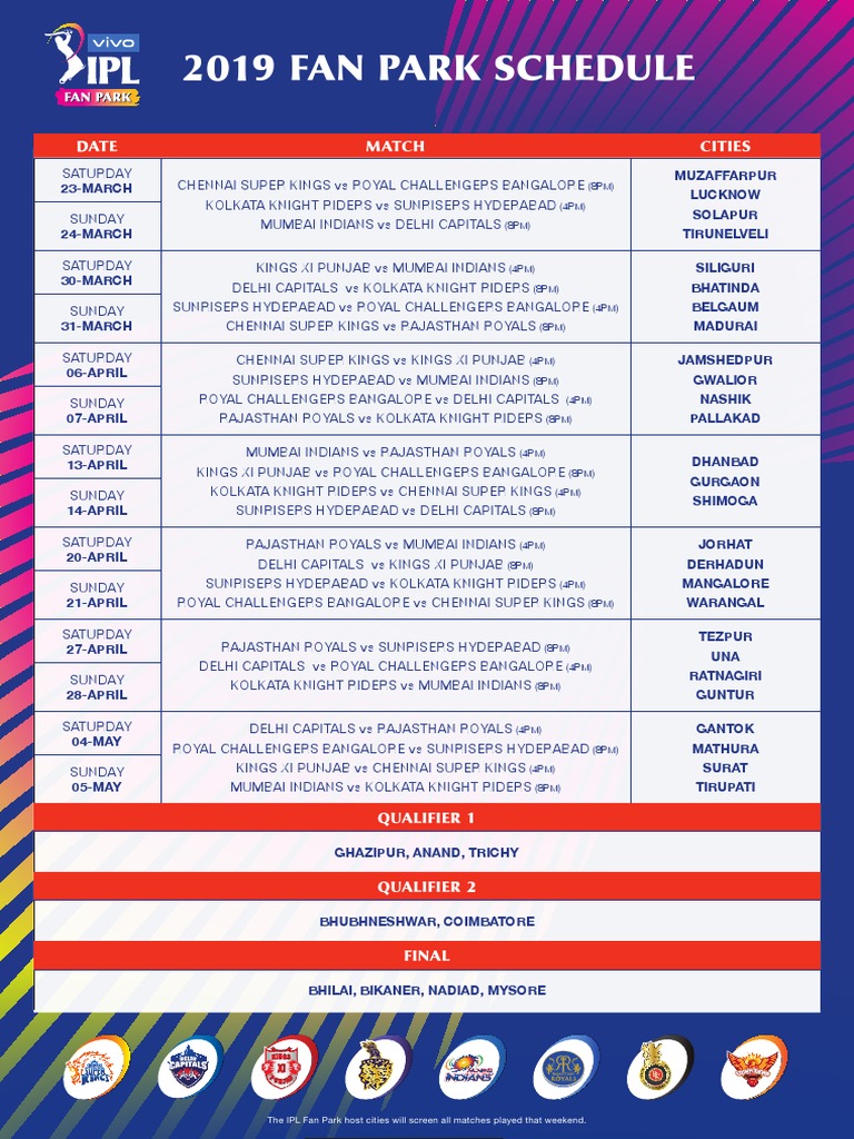 Ipl2019 Fan Park Schedule 27.03.19 PDF | PDF | Ball Games | Teams