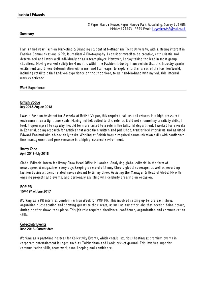 Lucinda Edwards CV | PDF | Fashion