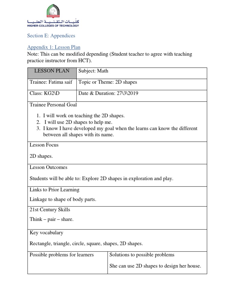 Lesson Plan 3 2D Shape With Reflection | PDF | Shape | Lesson Plan