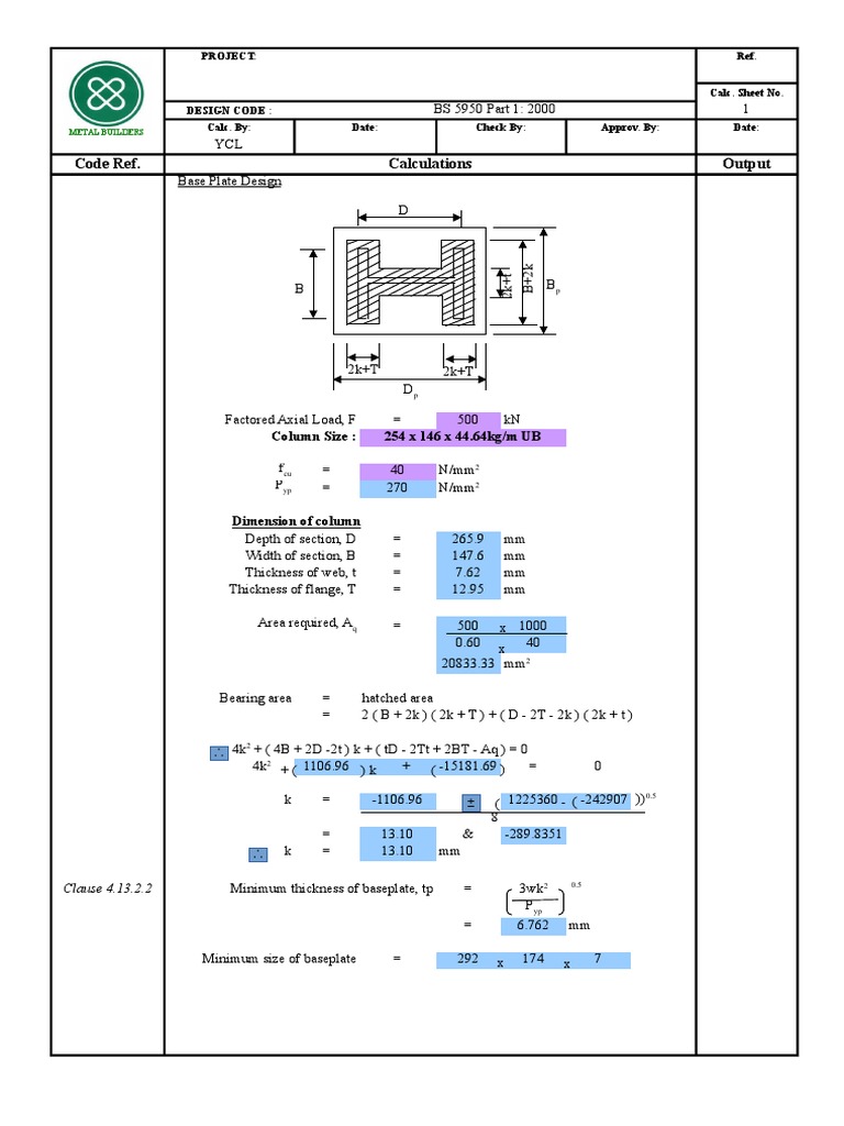 Code Ref. Calculations Output: Column Size: 254 X 146 X 44.64kg/m UB | PDF | Nature
