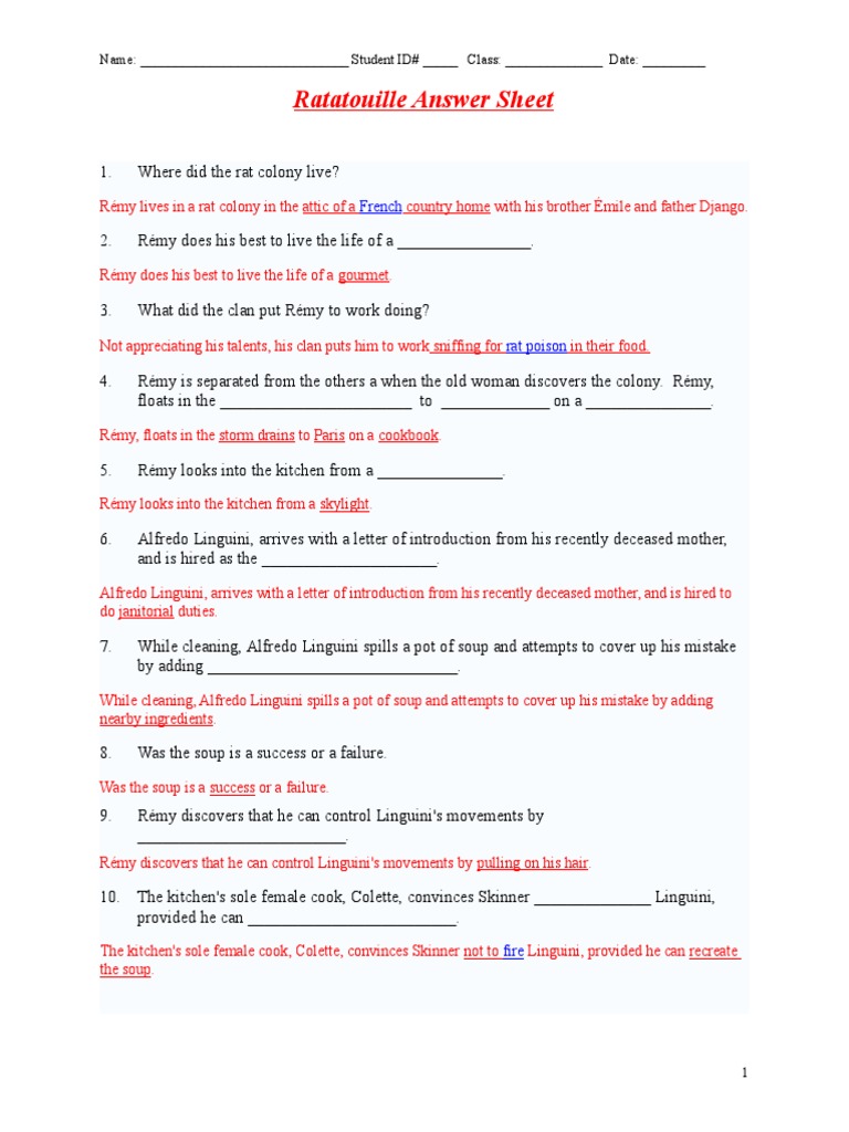Ratatouille Answer Sheet: Name: - Student ID# - Class: - Date | PDF ...