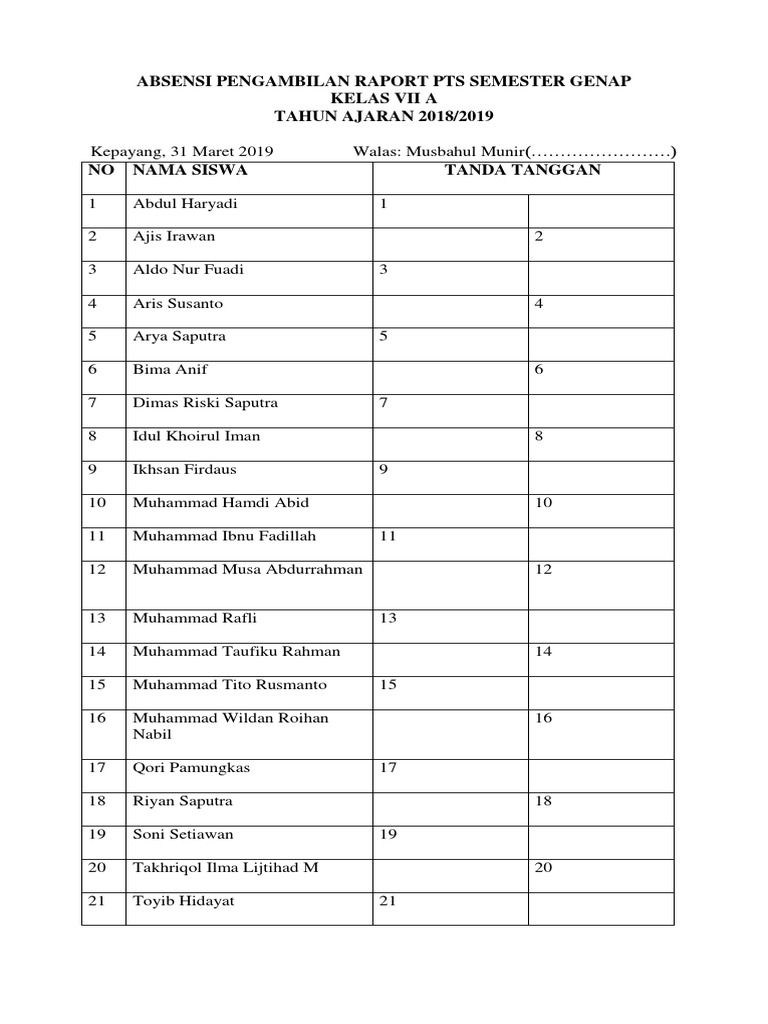 Absensi Pengambilan Raport Pts Semester Ganjil | PDF