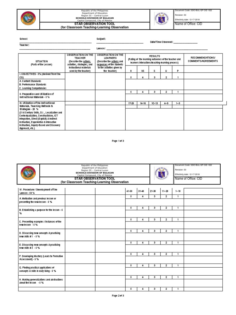 Star Observation Tool (For Classroom Teaching-Learning Observation ...