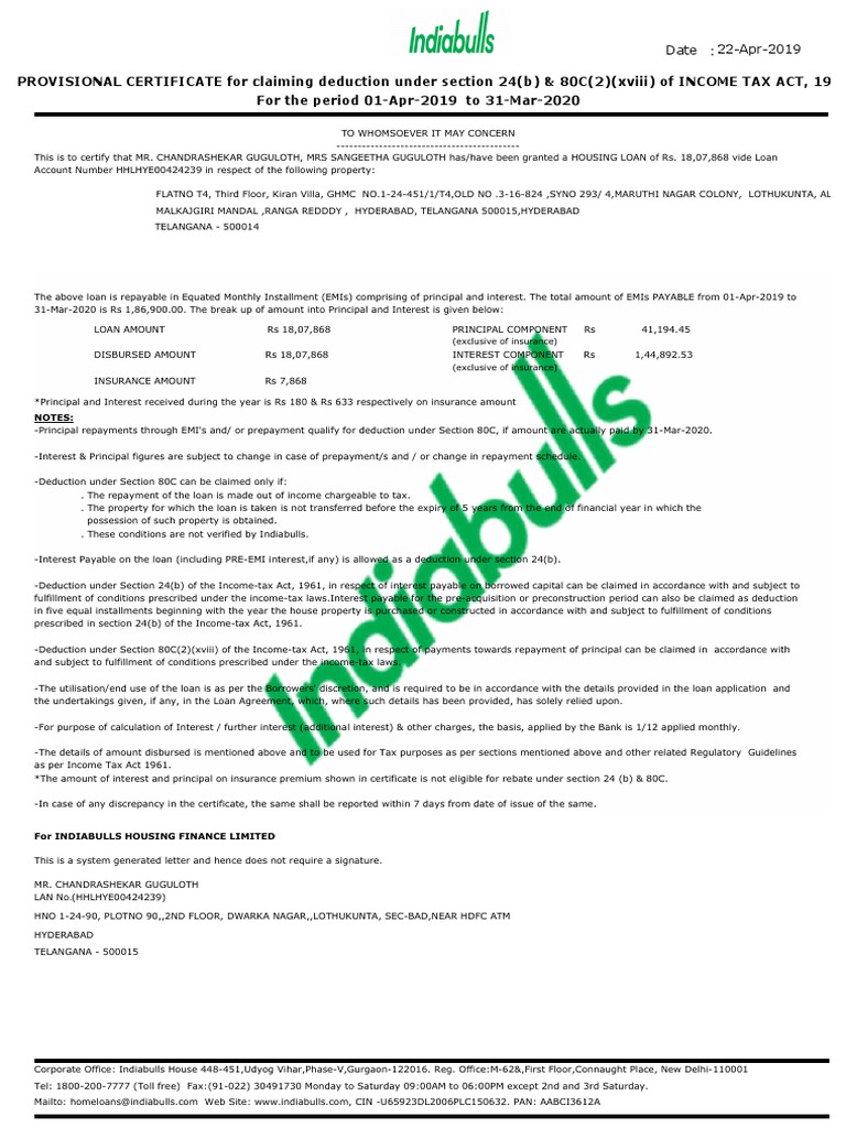 Housing Loan Provisional Certificate | PDF | Loans | Interest