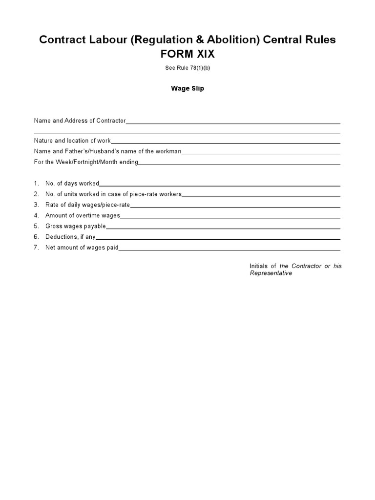 Contract Labour (Regulation & Abolition) Central Rules Form Xix | PDF