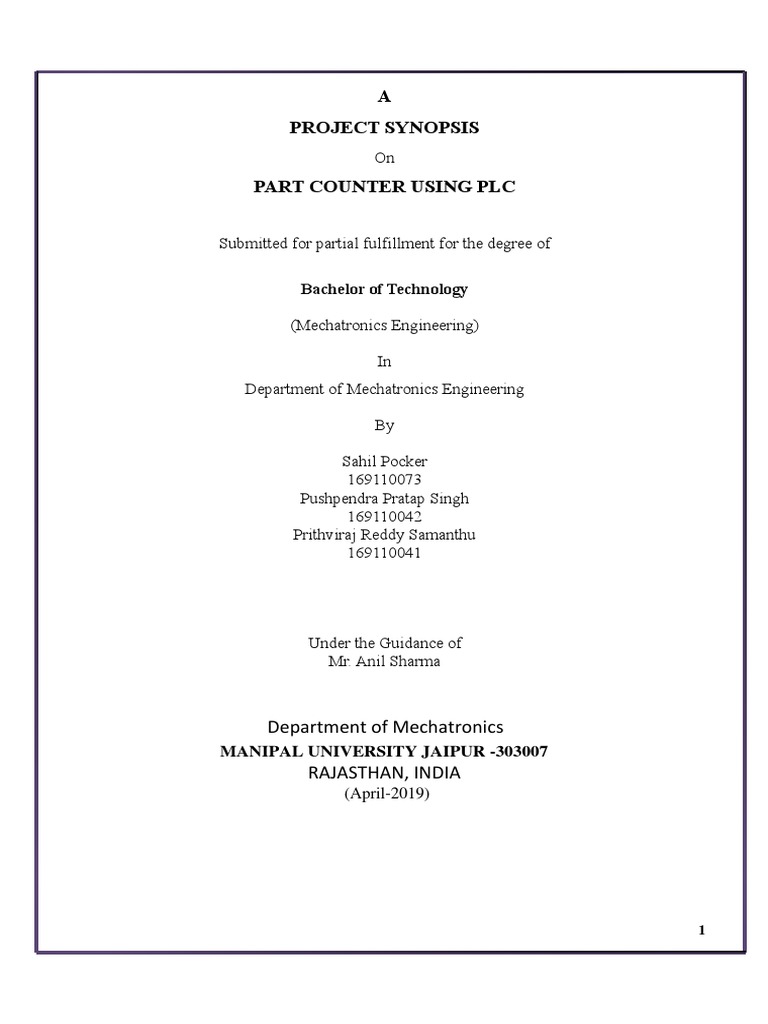 A Project Synopsis Part Counter Using PLC: Bachelor of Technology | PDF | Programmable Logic ...