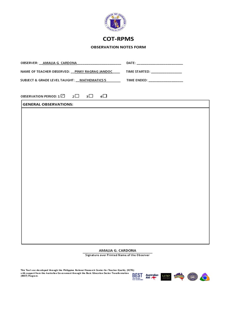 COT-RPMS Observation Notes Template | PDF | Social Science