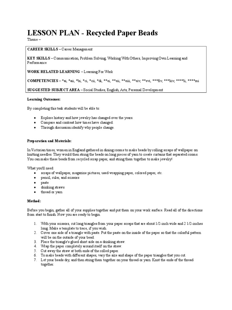 LESSON PLAN - Recycled Paper Beads | PDF