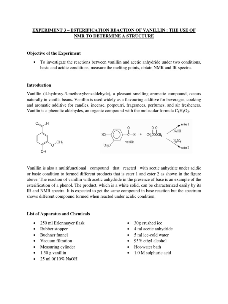 CHM557 Experiment 3 - Esterification Reaction of Vanillin - The Use of ...