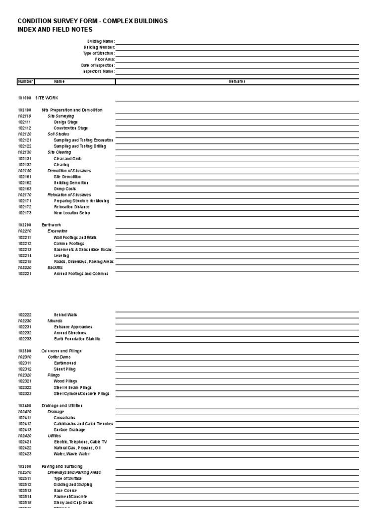 Condition Survey Form - Complex Buildings Index and Field Notes | PDF ...