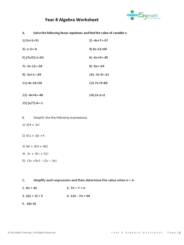 Year 8 Algebra Worksheet PDF | PDF | Science & Mathematics