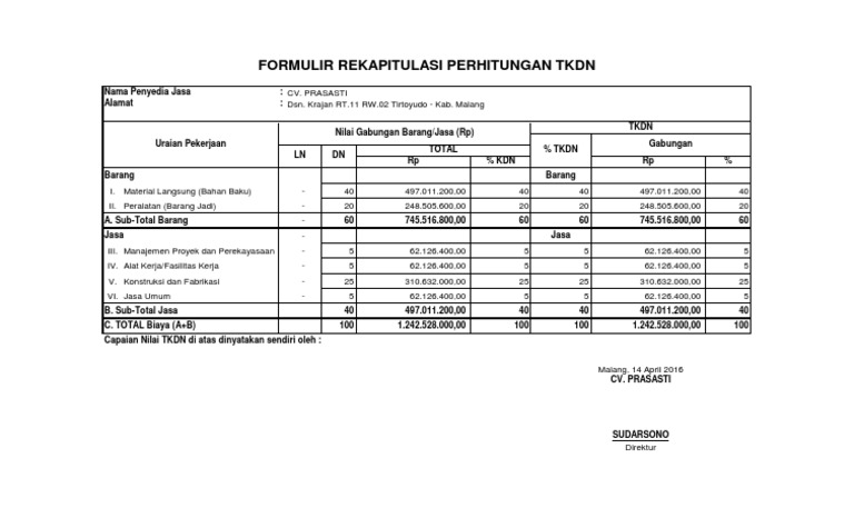 Formulir Rekapitulasi Perhitungan TKDN | PDF