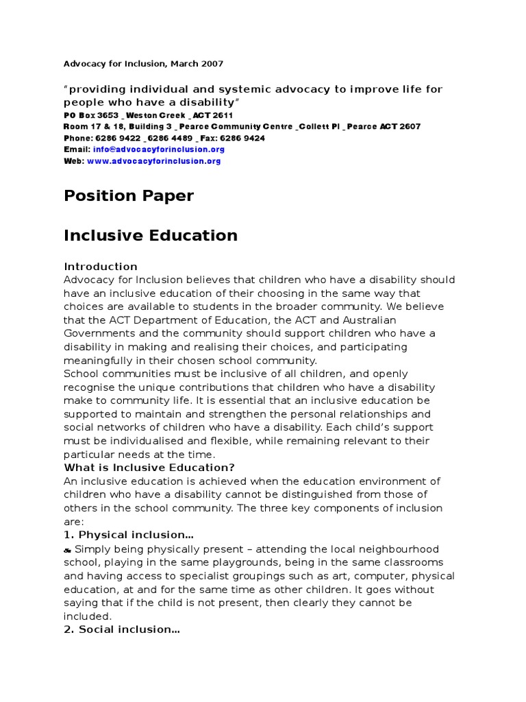 1 - Inclusive Education - Advocacy For Inclusion Position Paper | PDF ...