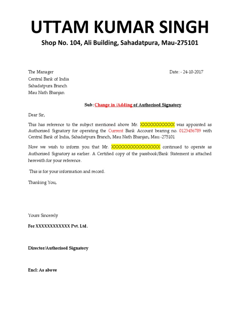 Change of Authorized Signatory Letter | PDF | Finance & Money Management
