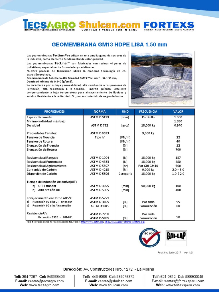 Ficha Tecnica - Geomembrana Gm13 Hdpe Lisa 1.50 MM | PDF | Ingeniería ...