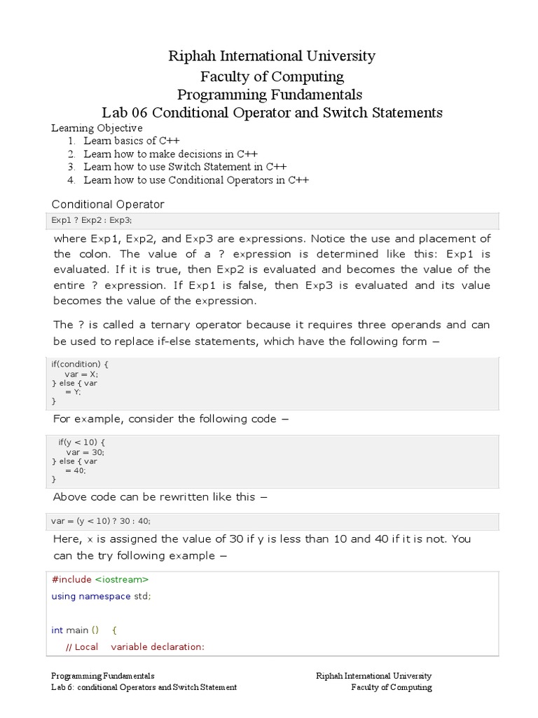 Riphah International University Faculty of Computing Programming Fundamentals Lab 06 Conditional ...