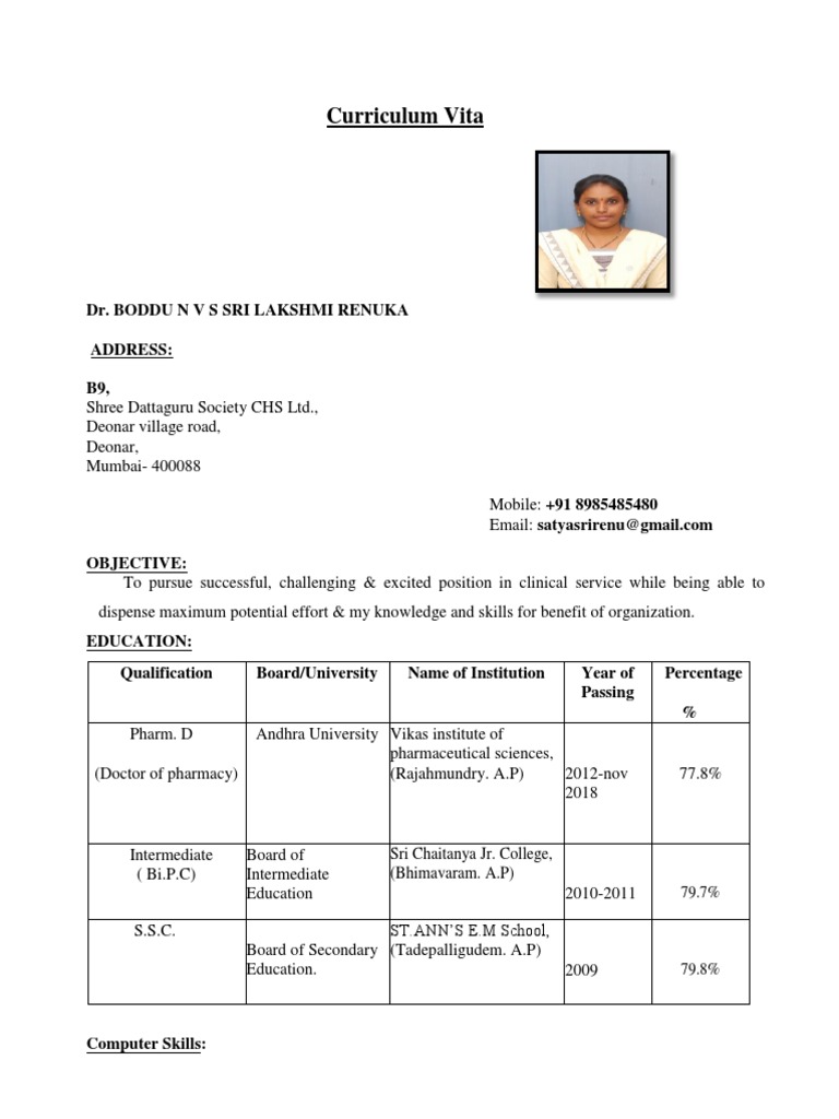 Curriculum Vita: Dr. Boddu N V S Sri Lakshmi Renuka Address: B9 | PDF ...