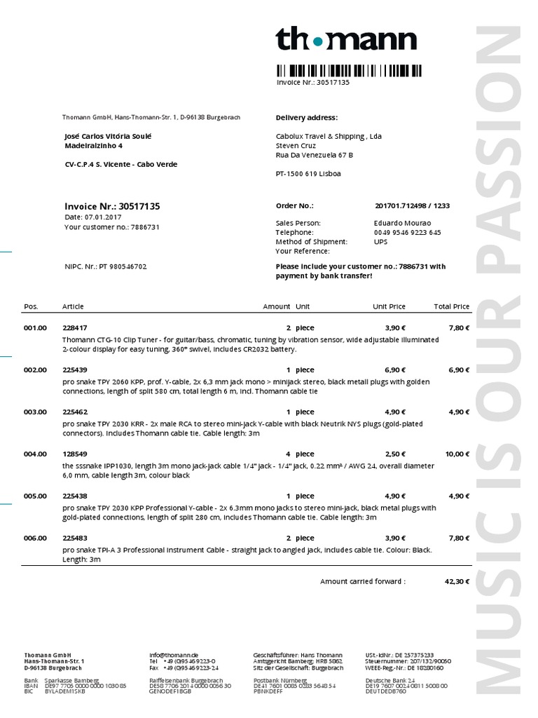 Invoice NR.: 30517135: Thomann GMBH, Hans-Thomann-Str. 1, D-96138 ...