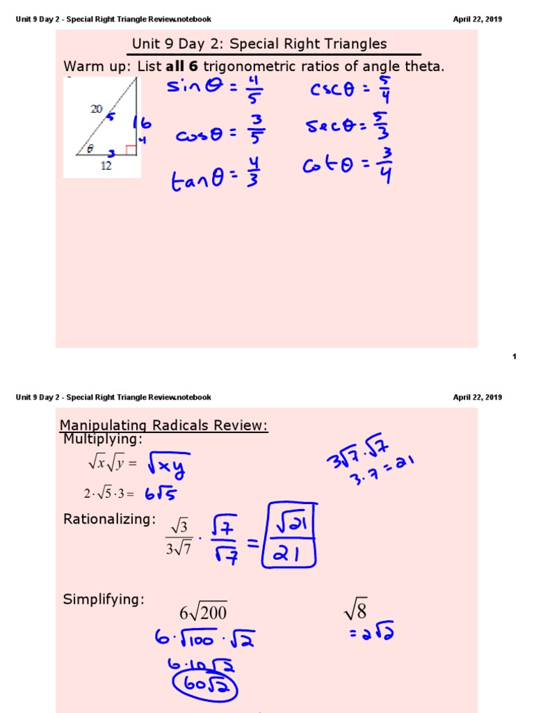 Unit 9 Day 2 - Special Right Triangle Review | PDF | Law | Science ...