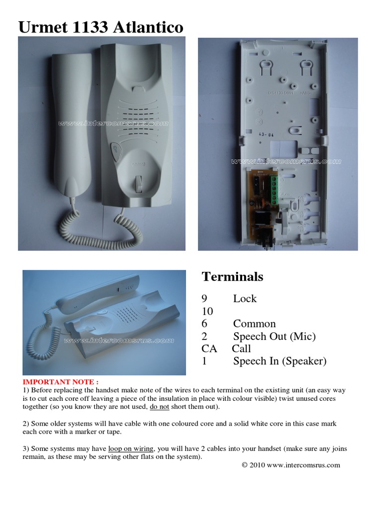 Urmet 1133 Intercom Handset Data Sheet | PDF