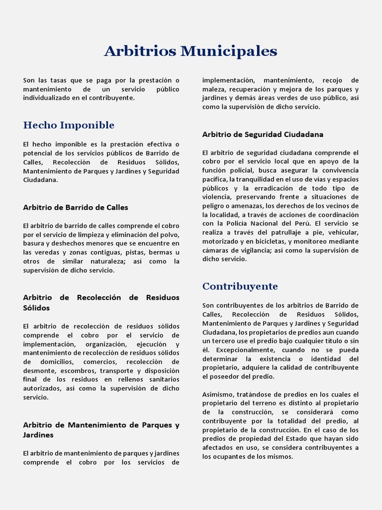 Los principales aspectos de los arbitrios municipales en el Perú | PDF | Residuos | Propiedad