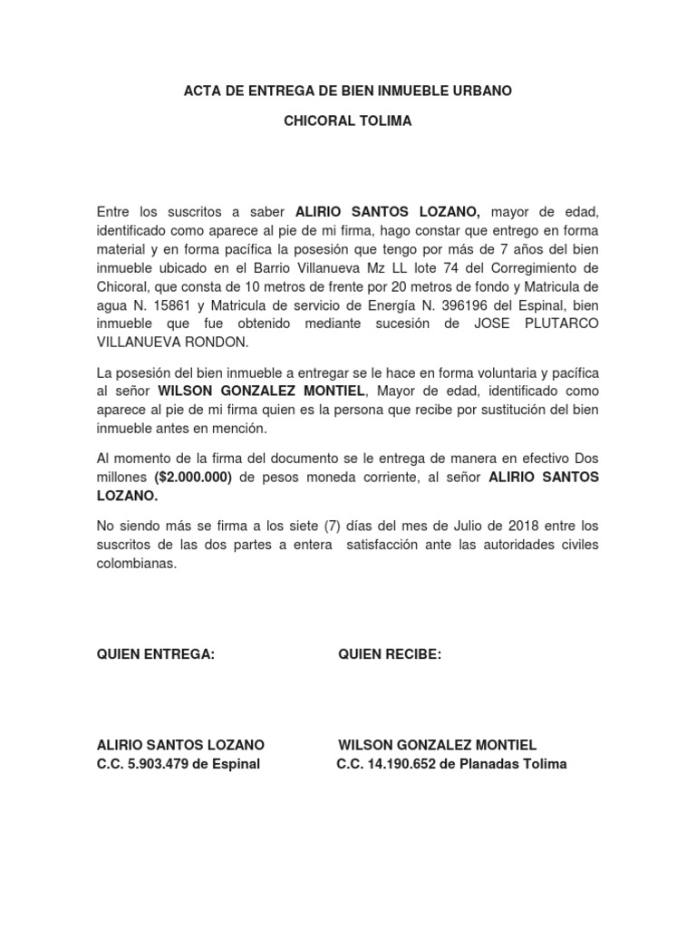 Acta de Entrega de Bien Inmueble Urbano | PDF Acta de Entrega de Bien Inmueble Urbano | PDF