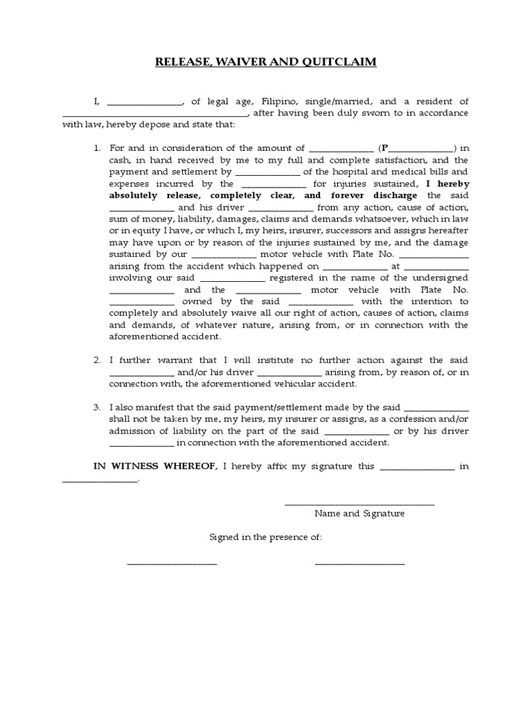 Sample Quitclaim - Motor Vehicle Accident | PDF | Virtue | Common Law