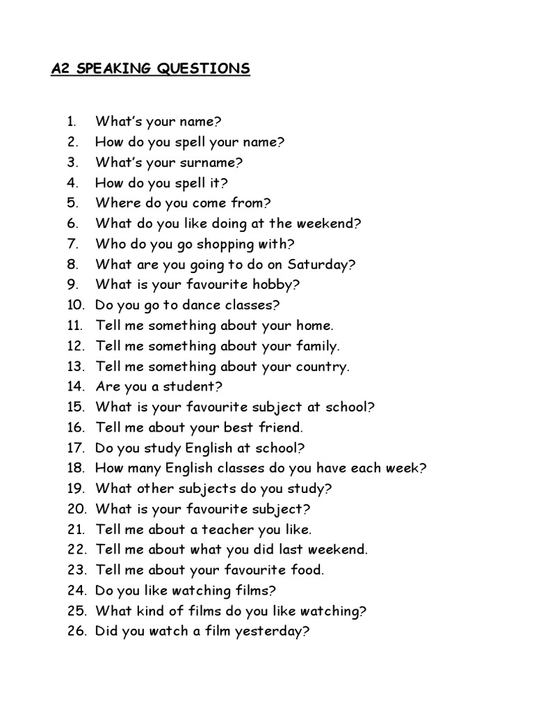Speaking Questions A2 | PDF