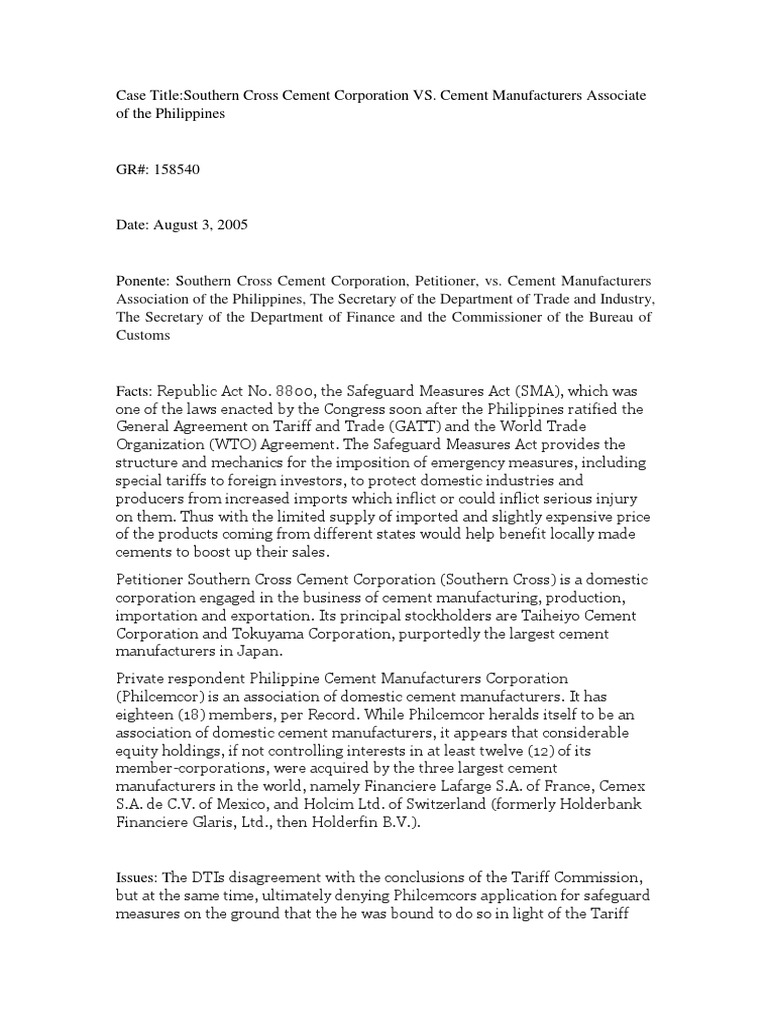 Case Title:Southern Cross Cement Corporation VS. Cement Manufacturers ...