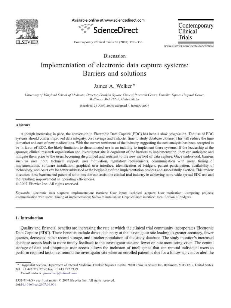Implementation of Electronic Data Capture Systems: Barriers and ...