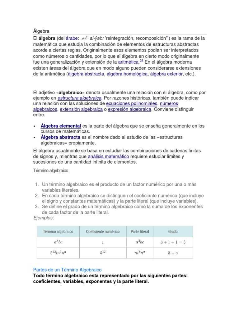 Álgebra, Termino Algebraico y Partes de Un Termino Algebraico | PDF ...