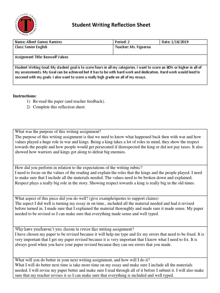 Student Writing Reflection | PDF | Goal | Behavior Modification