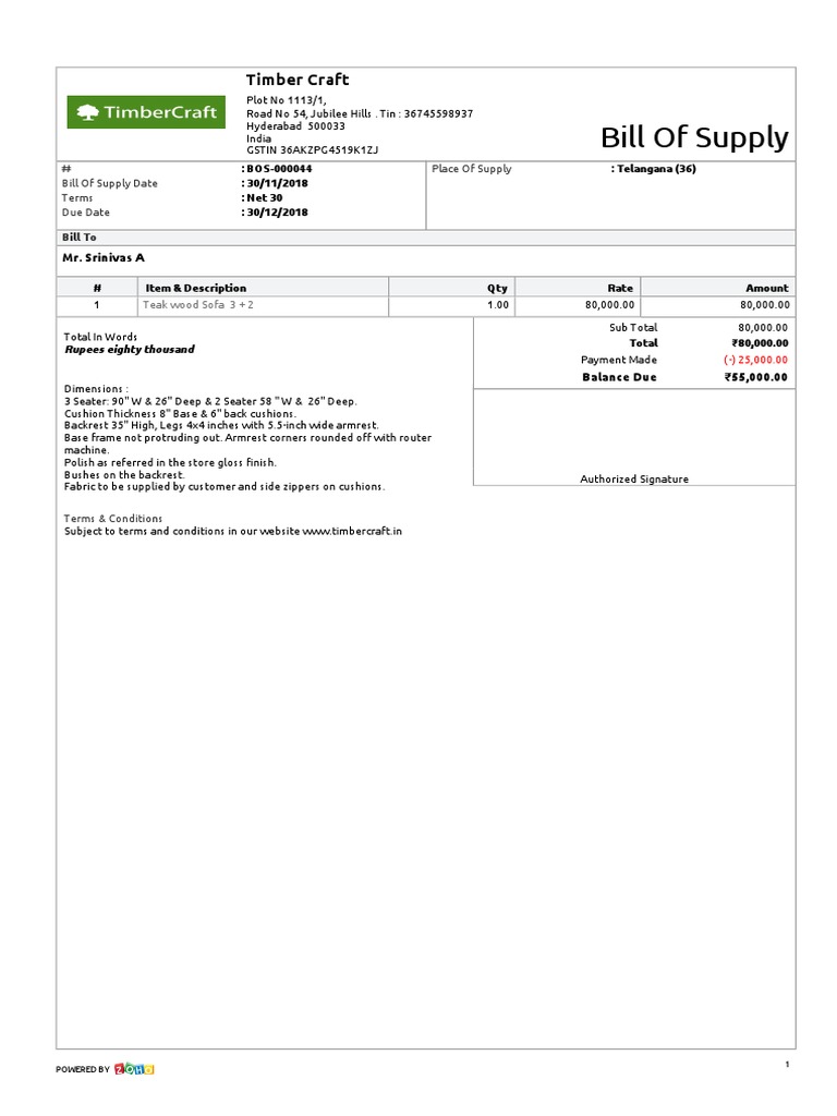 Bill of Supply: Timber Craft | PDF