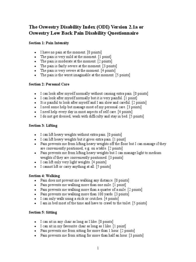 Oswestry Disability Index Overview | PDF | Pain | Back Pain