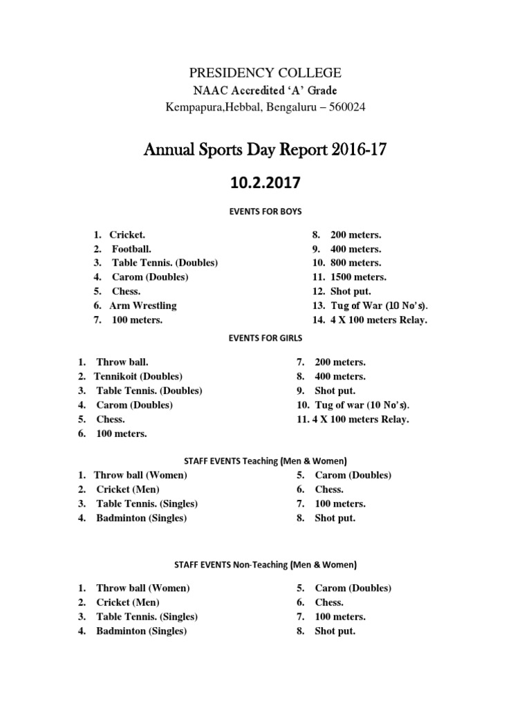 Annual Sports Day Report 2016-17: Presidency College | PDF | Ball Games ...
