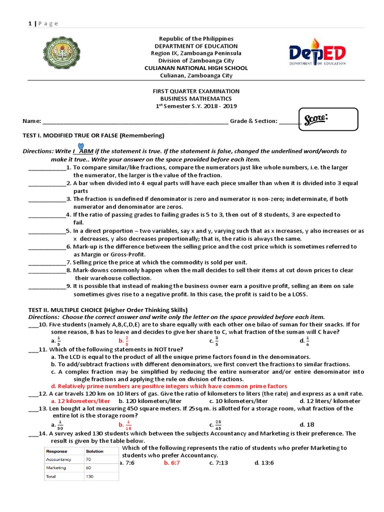 Business Math First Quarter - Answer Key | PDF | Fraction (Mathematics ...