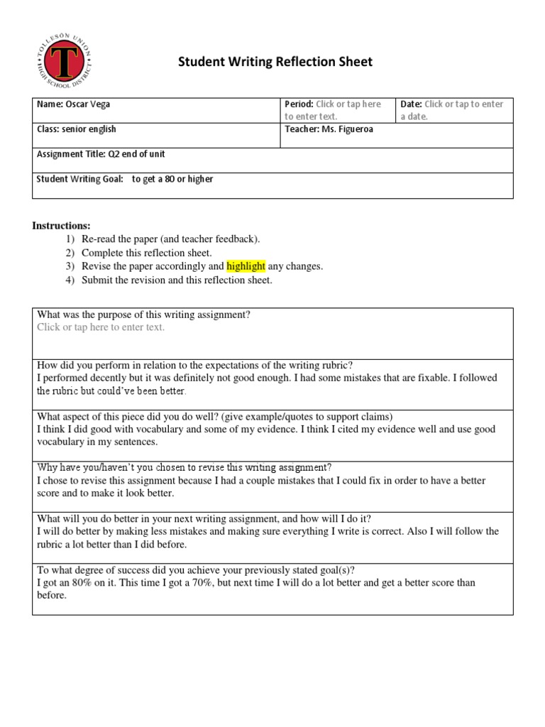 Student Writing Reflection and Revision Guide | PDF | Career & Growth